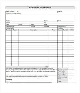 Printable Auto Repair Estimate Template