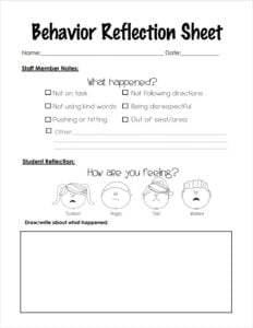 Behavior Reflection Sheet Template