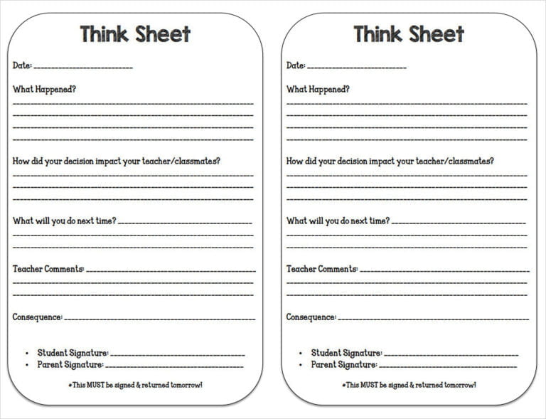 Behavior Reflection Sheet Template