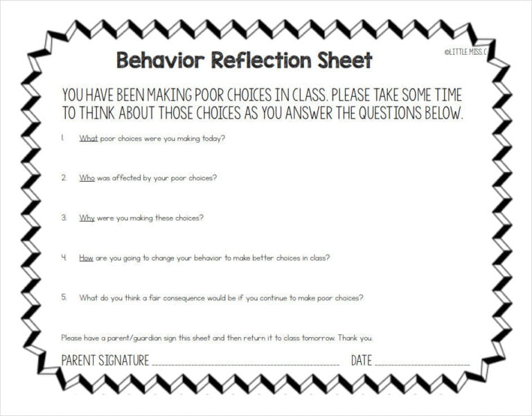 Behavior Reflection Sheet Template