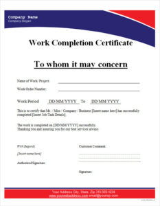 Printable Work Completion Certificate Template
