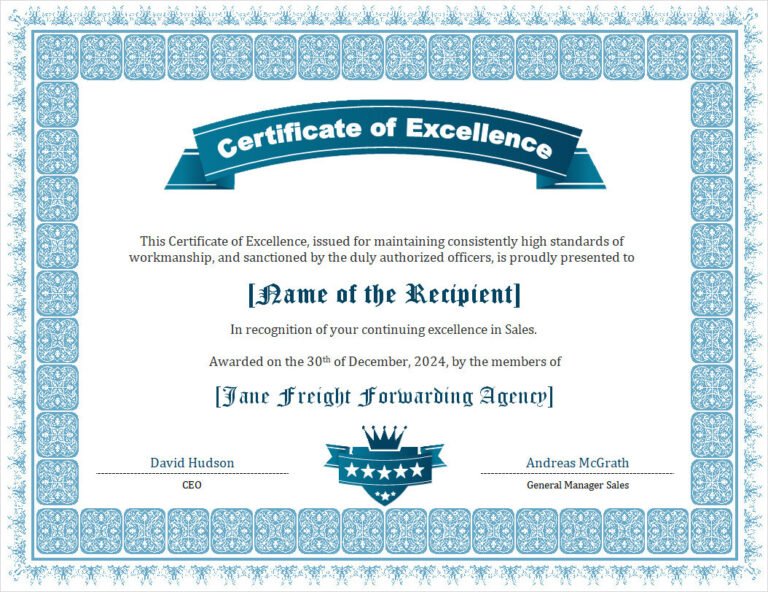 Printable Certificate of Excellence Template