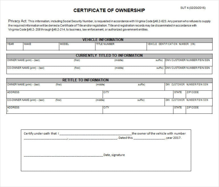 Printable Certificate of Ownership Template