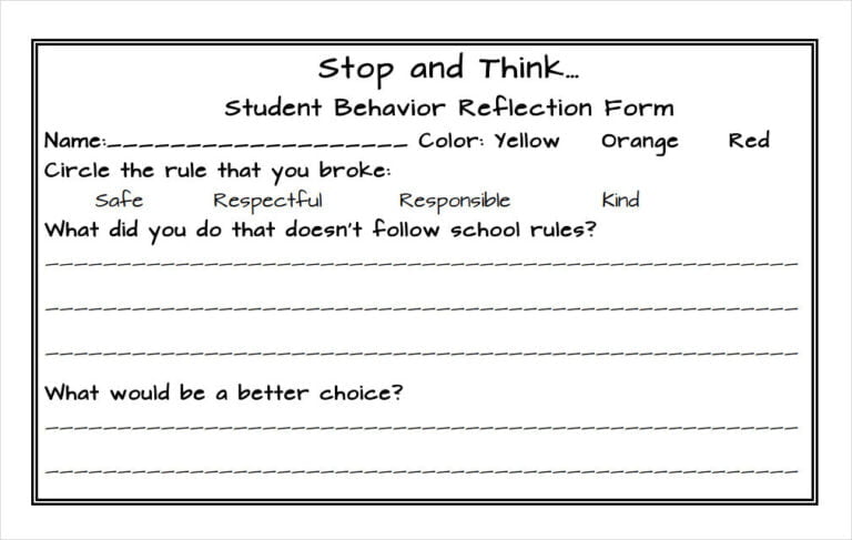 Behavior Reflection Sheet Template