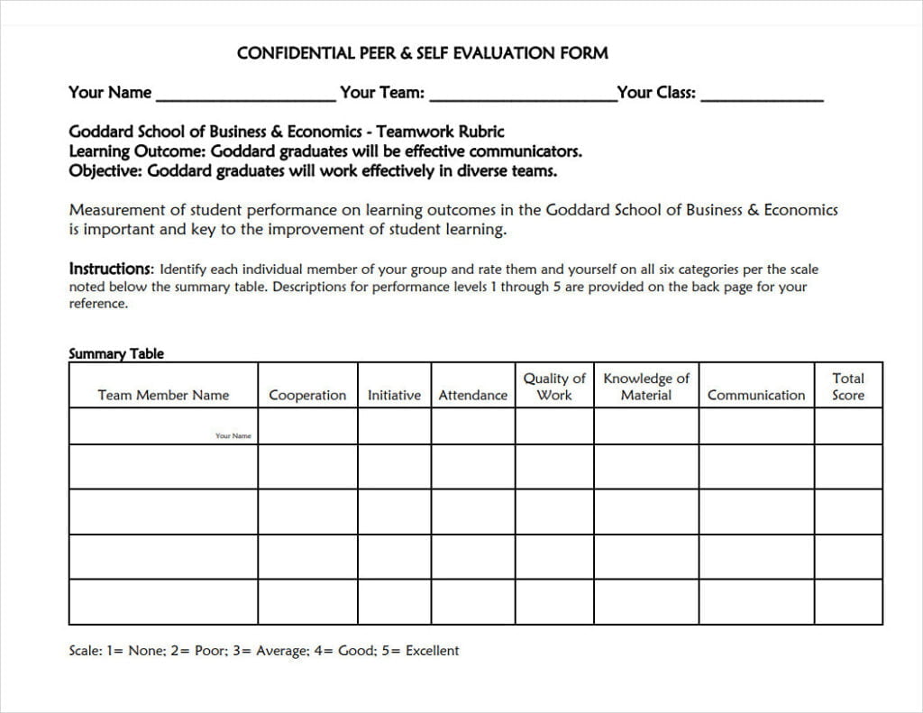 Printable Peer Evaluation Form
