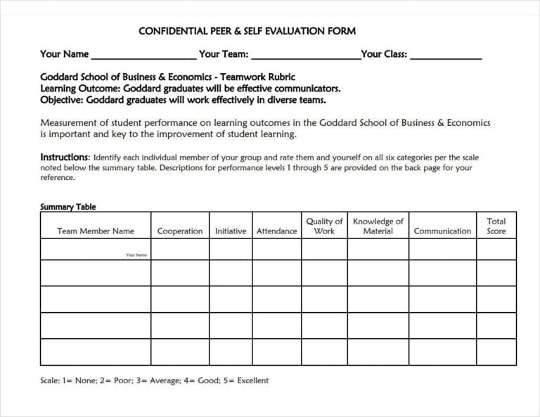 Printable Peer Evaluation Form