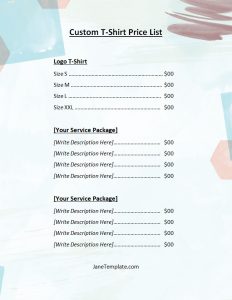 Printable Custom T-Shirt Price List Template (Word)