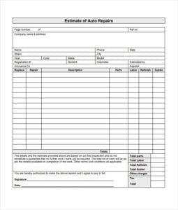 Printable Auto Repair Estimate Template