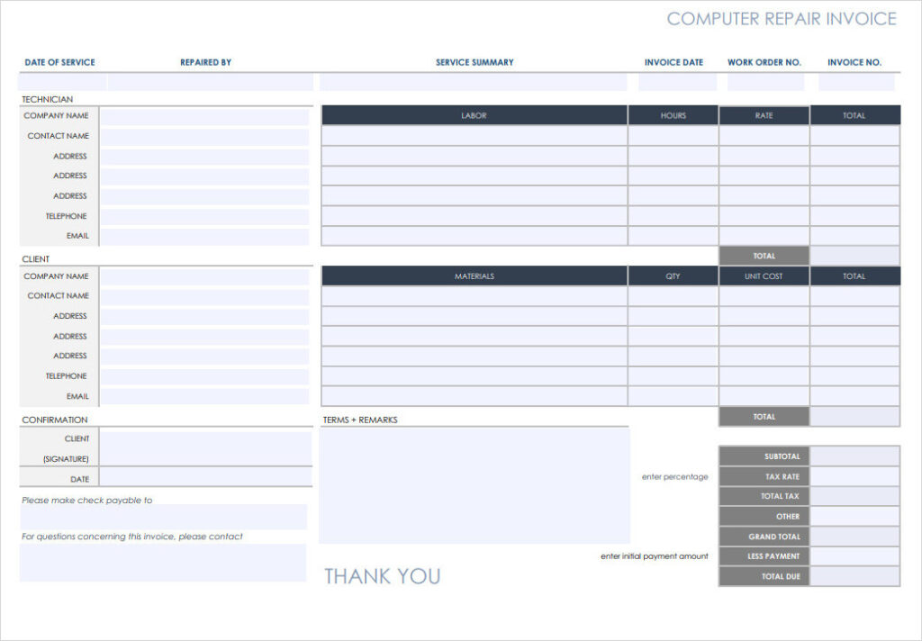 Printable Computer Repair Invoice Template
