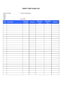 Printable Credit Card Use Log Template