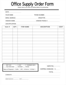 Printable Supply Order Sheet Template