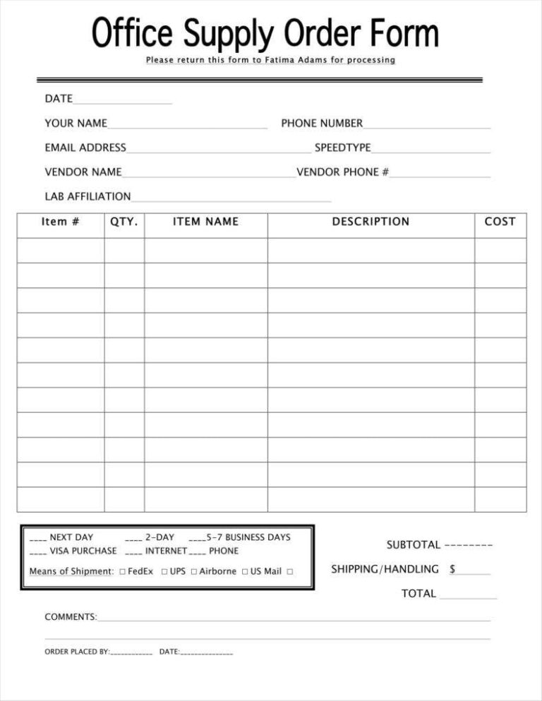 Printable Supply Order Sheet Template