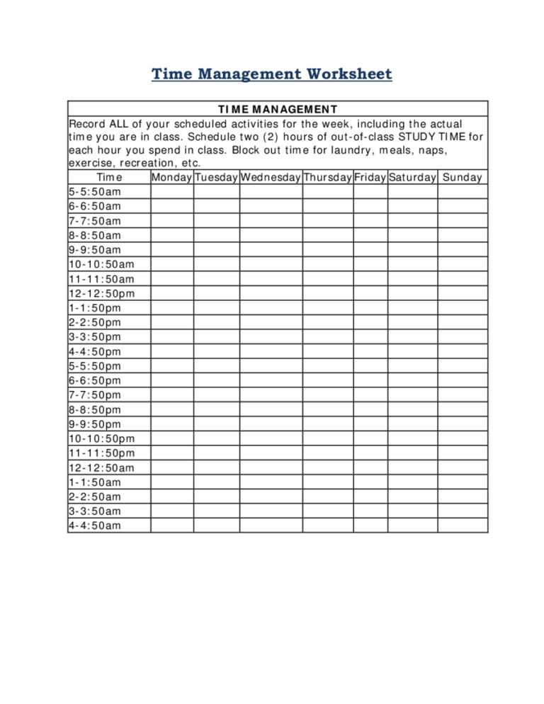 Time Management Worksheet Template