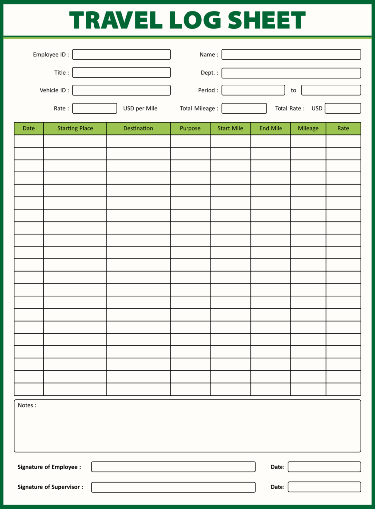 Printable Travel Log Template (Excel)