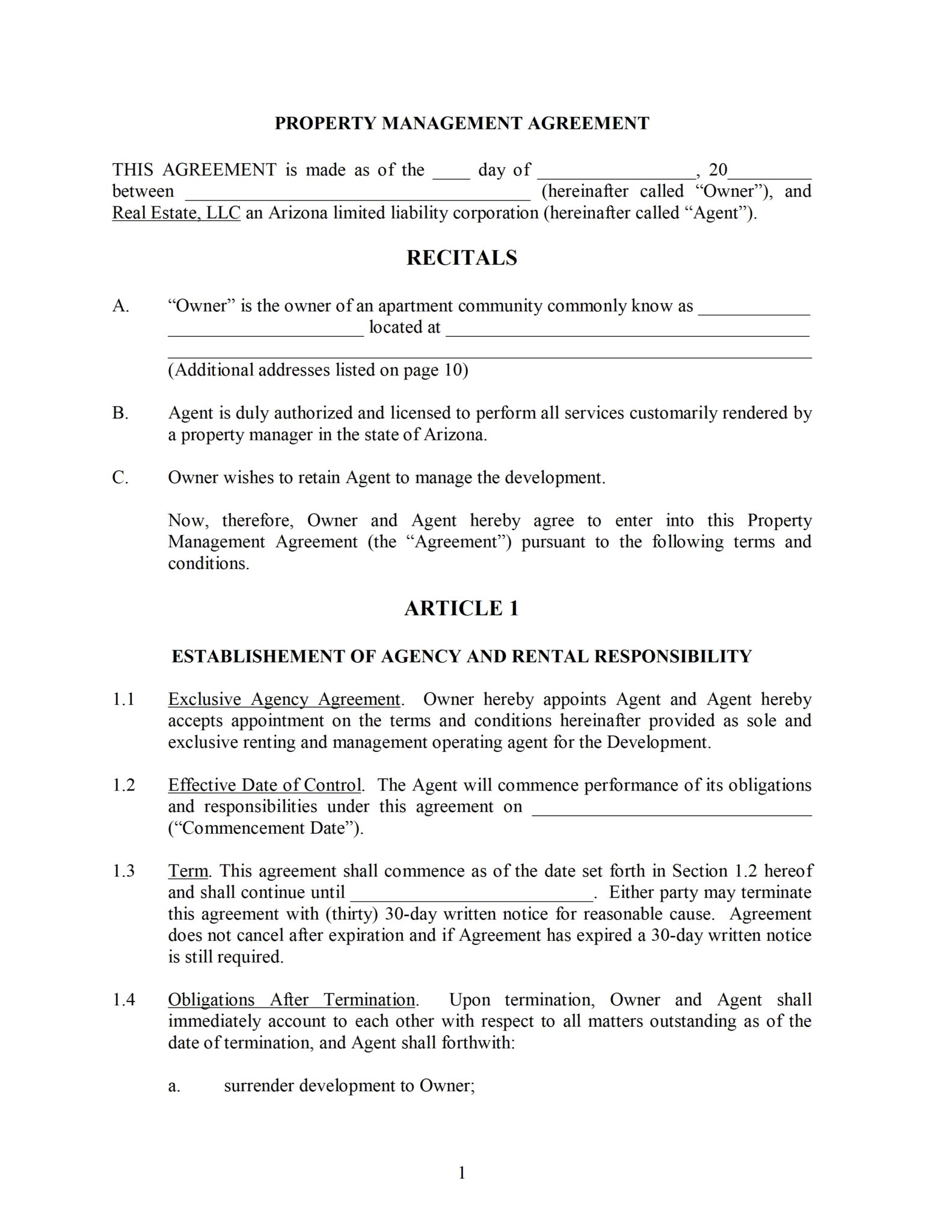 Property Management Agreement Template
