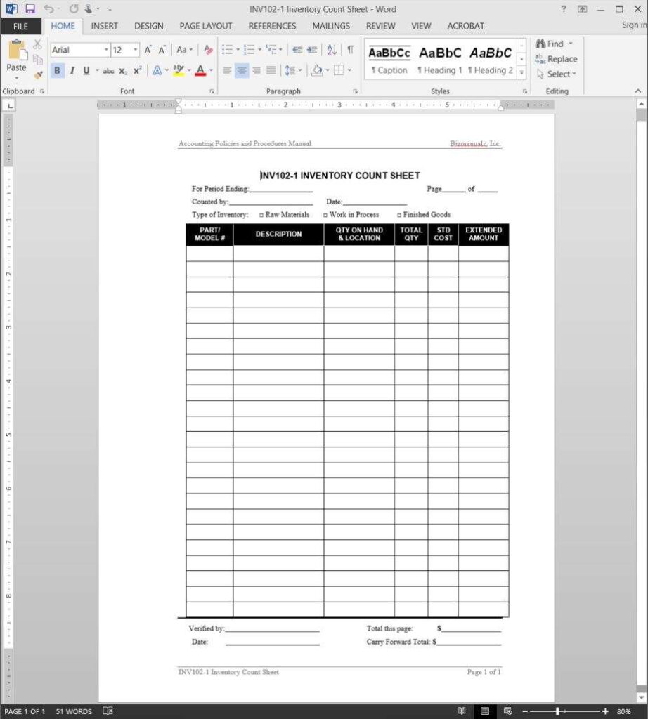 Printable Stock Count Sheet Template