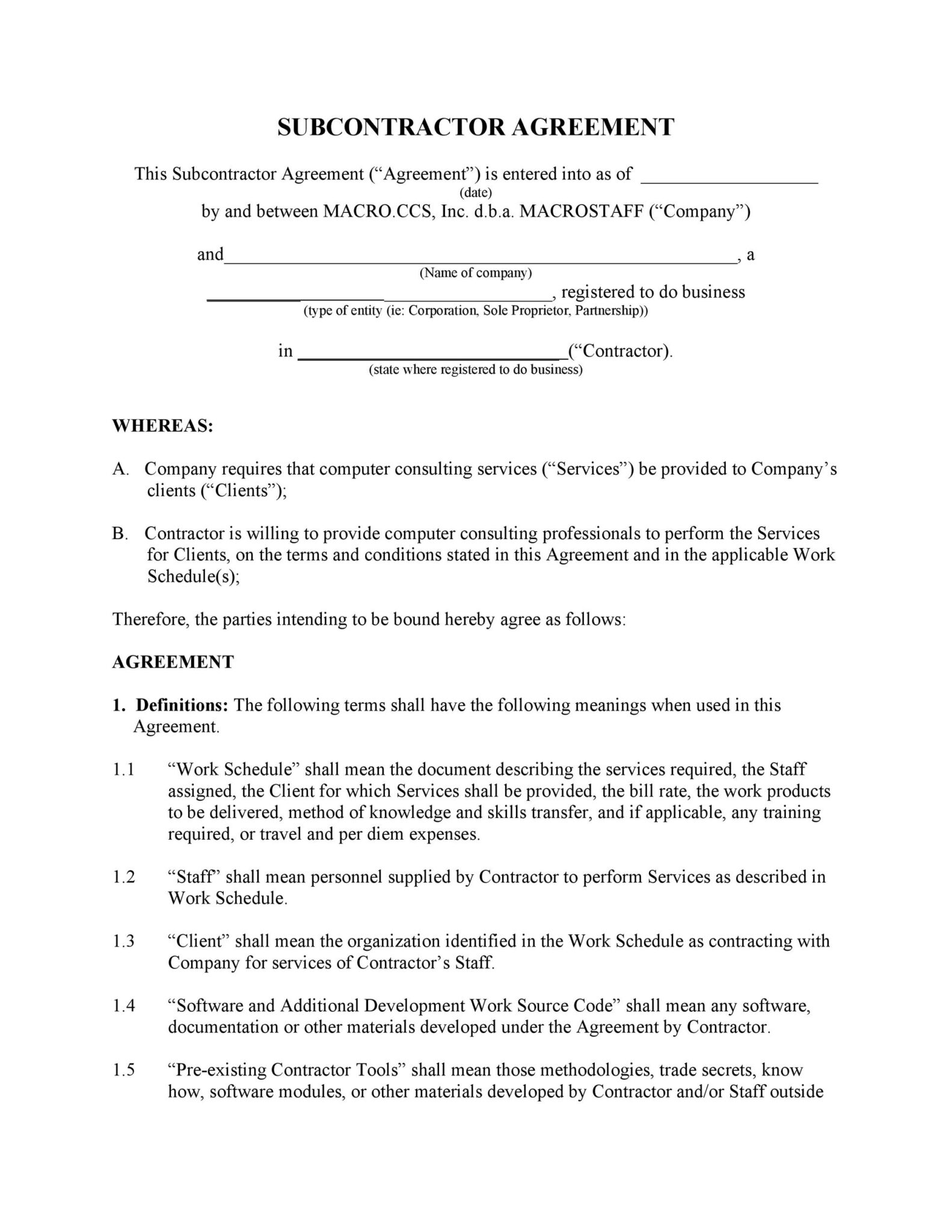 Subcontractor Agreement Template (Word)