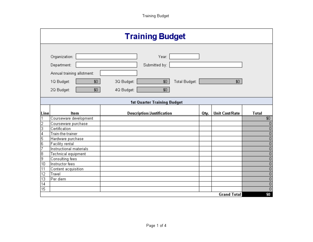 Printable Training Budget Template (Excel)