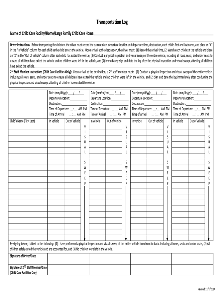 Printable Transportation Log Template
