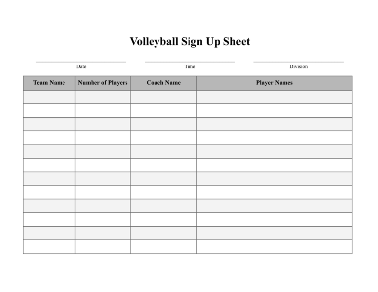 Volleyball Sign-up Sheet Template (Excel)