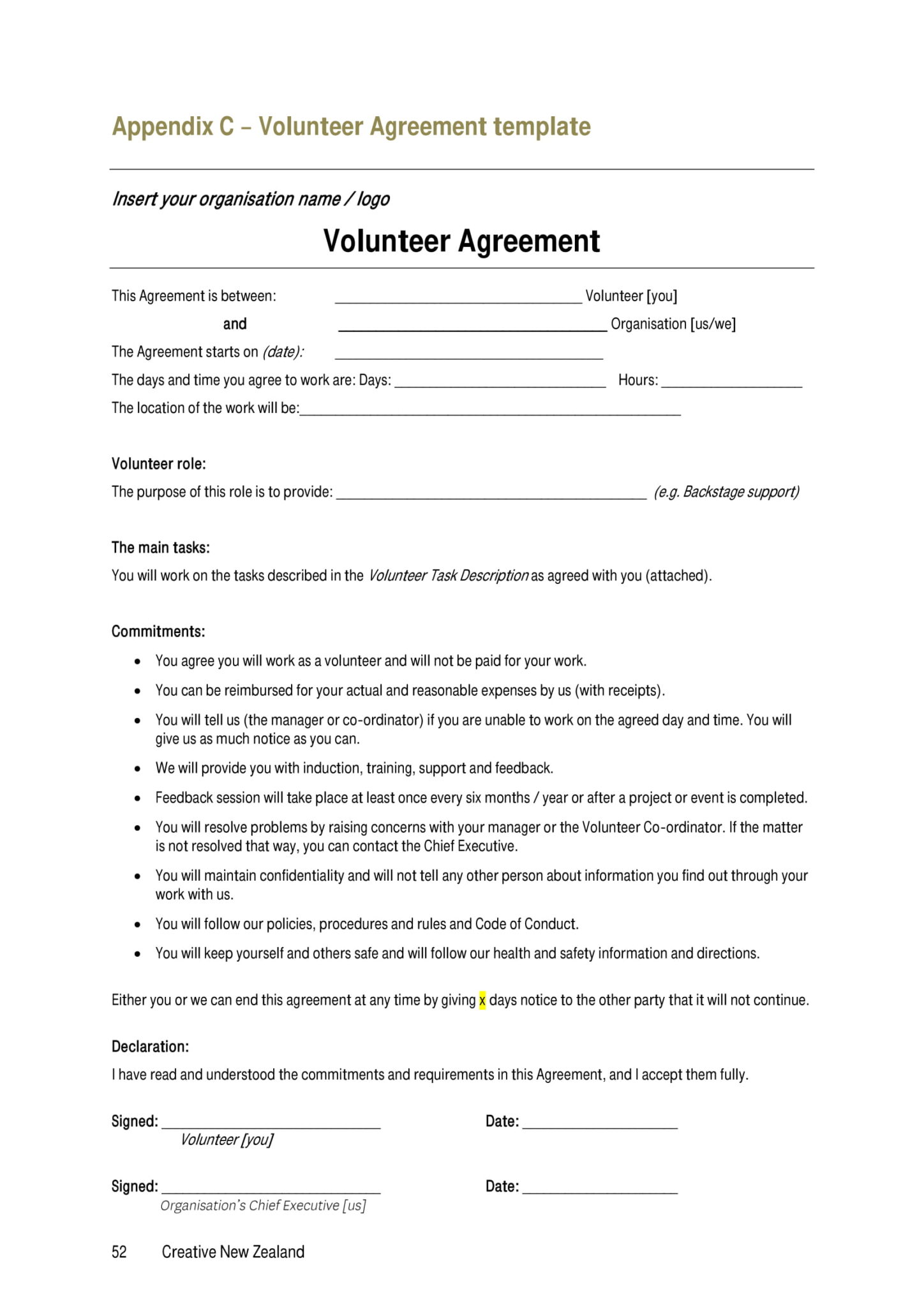 Volunteer Agreement Template (Word)