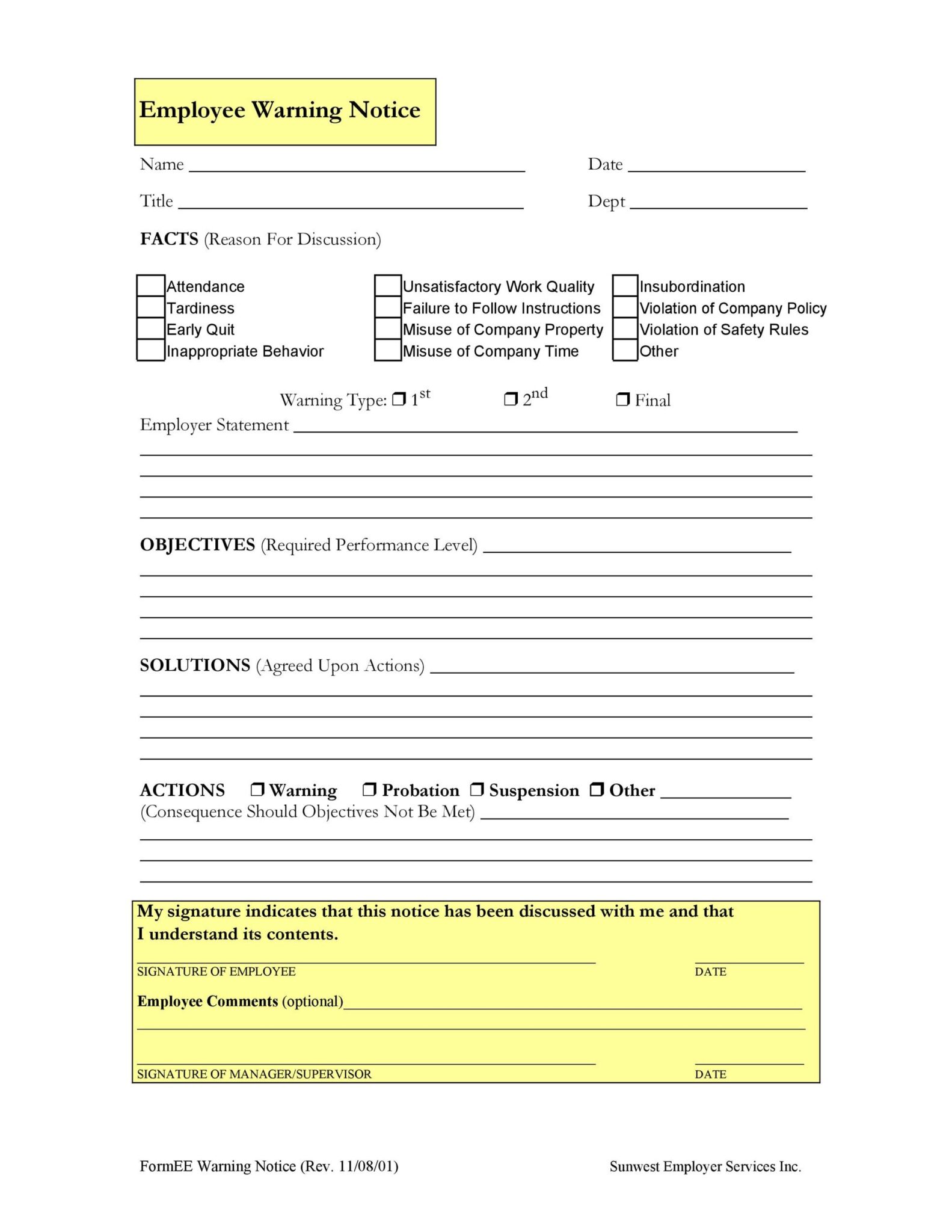 Warning Notices Template for Employees