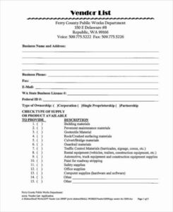 Printable Vendor List Template