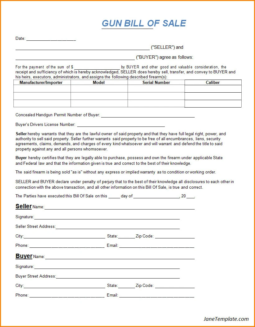 Free Gun Bill of Sale Template