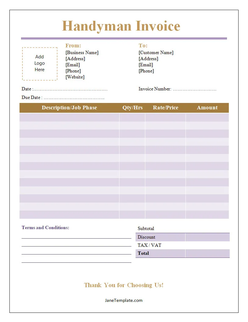 Free Printable Handyman Invoice Template