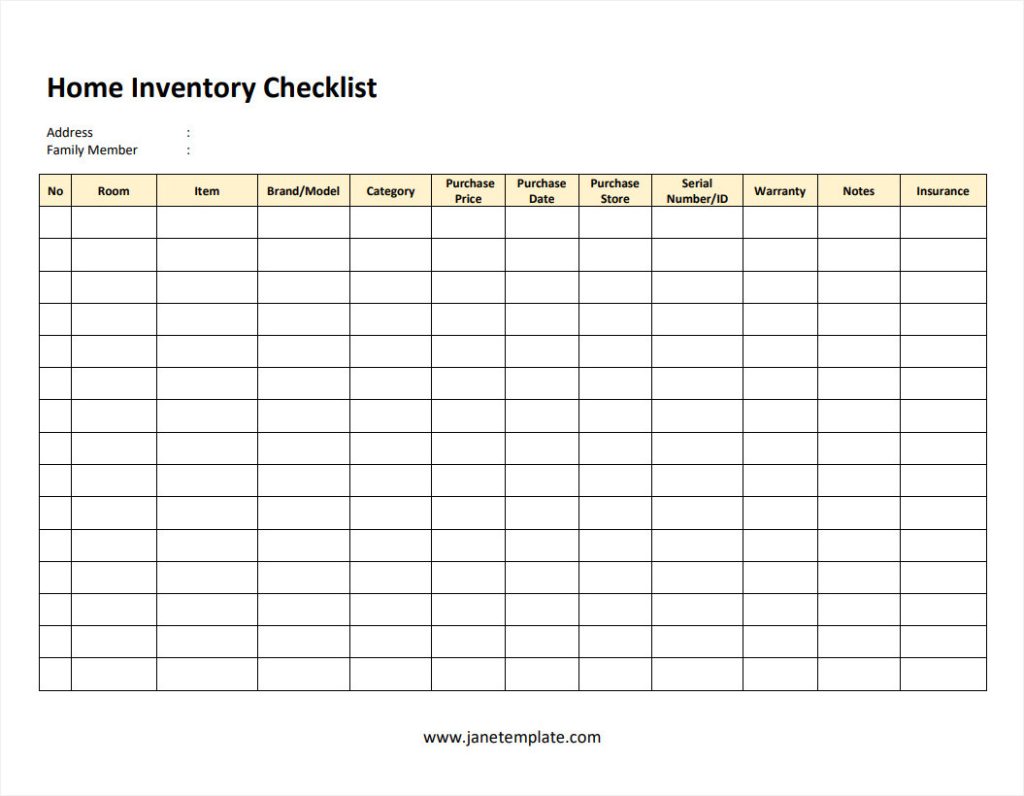 Printable Home Inventory Checklist Template