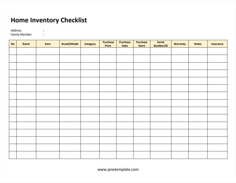 Printable Home Inventory Checklist Template