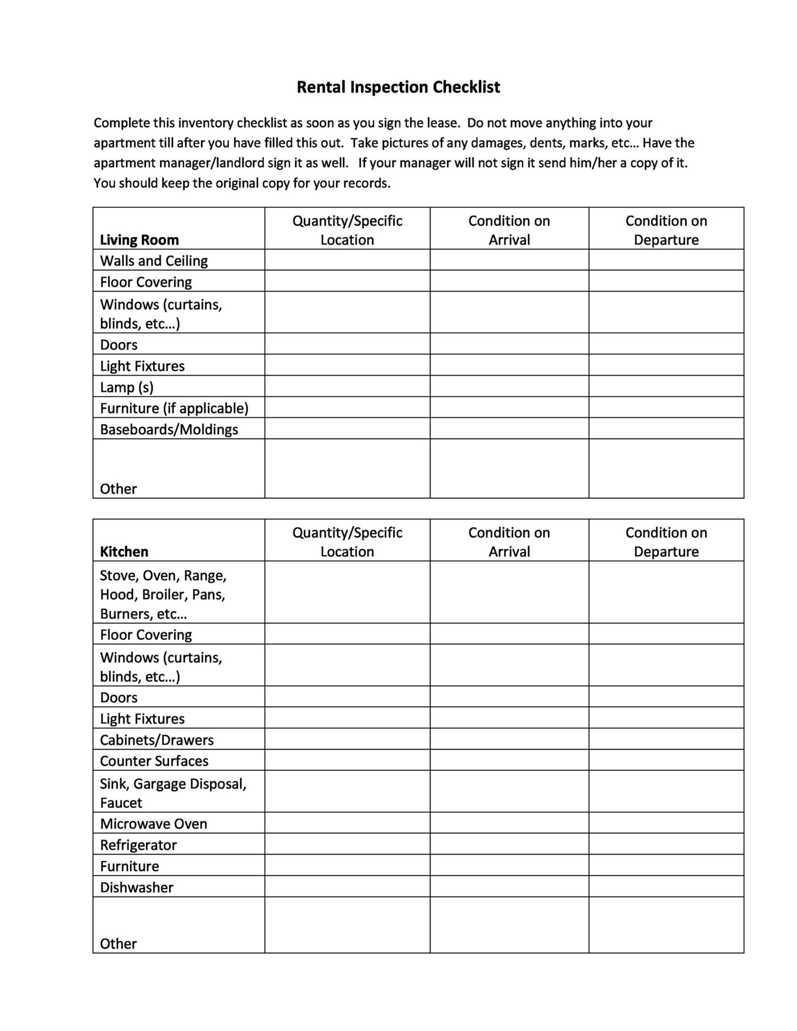 Home Rental Inspection Checklist Template
