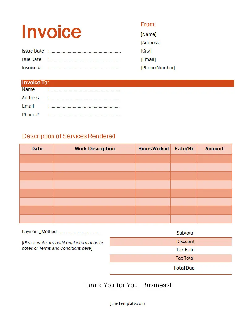 Printable Hours Worked Invoice Template
