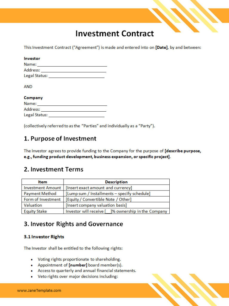 Free Investment Contract Template (Word)