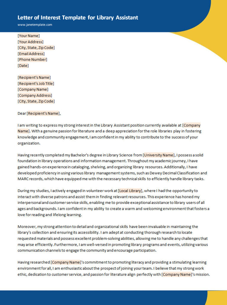Letter of Interest Template for Library Assistant