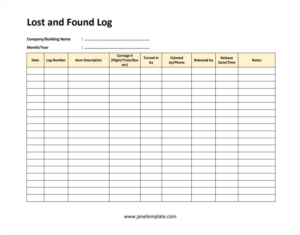 Printable Lost and Found Log Sheet Template