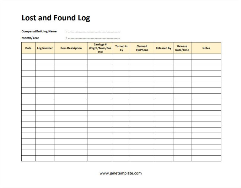 Printable Lost and Found Log Sheet Template