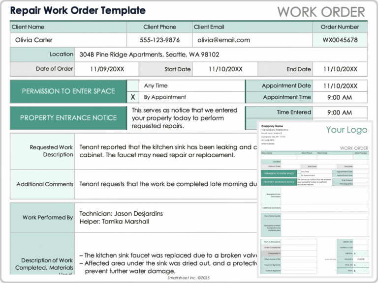 Printable Maintenance Work Order Template