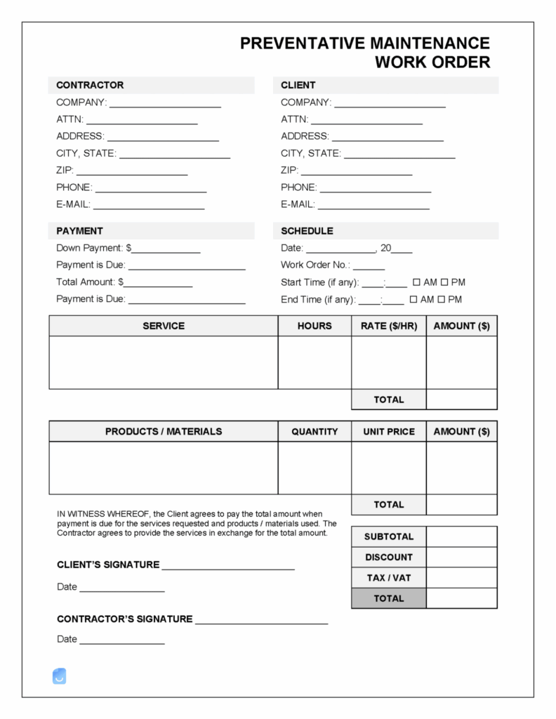 Printable Maintenance Work Order Template