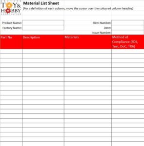 Material Quantity Record Sheet Template