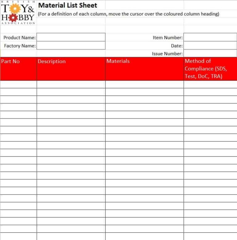 Material Quantity Record Sheet Template