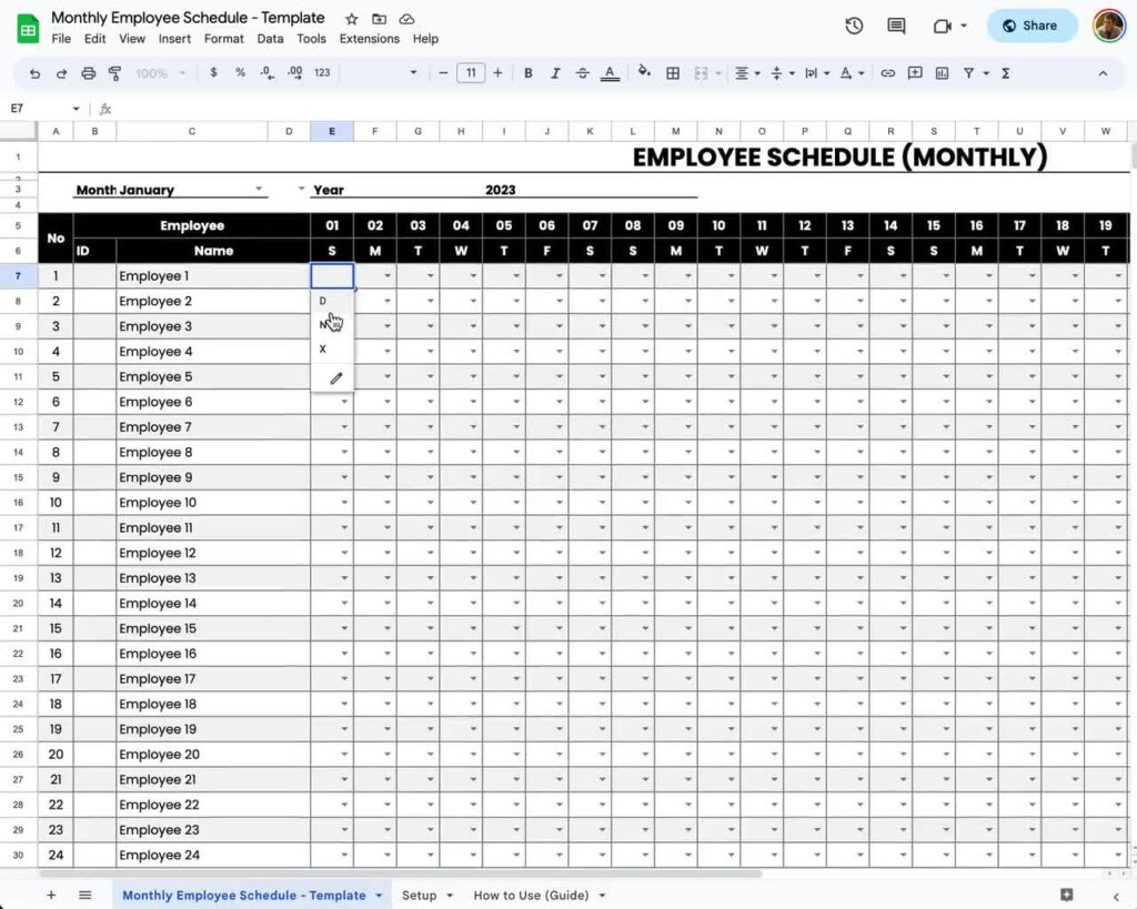 Monthly Employee Schedule Template