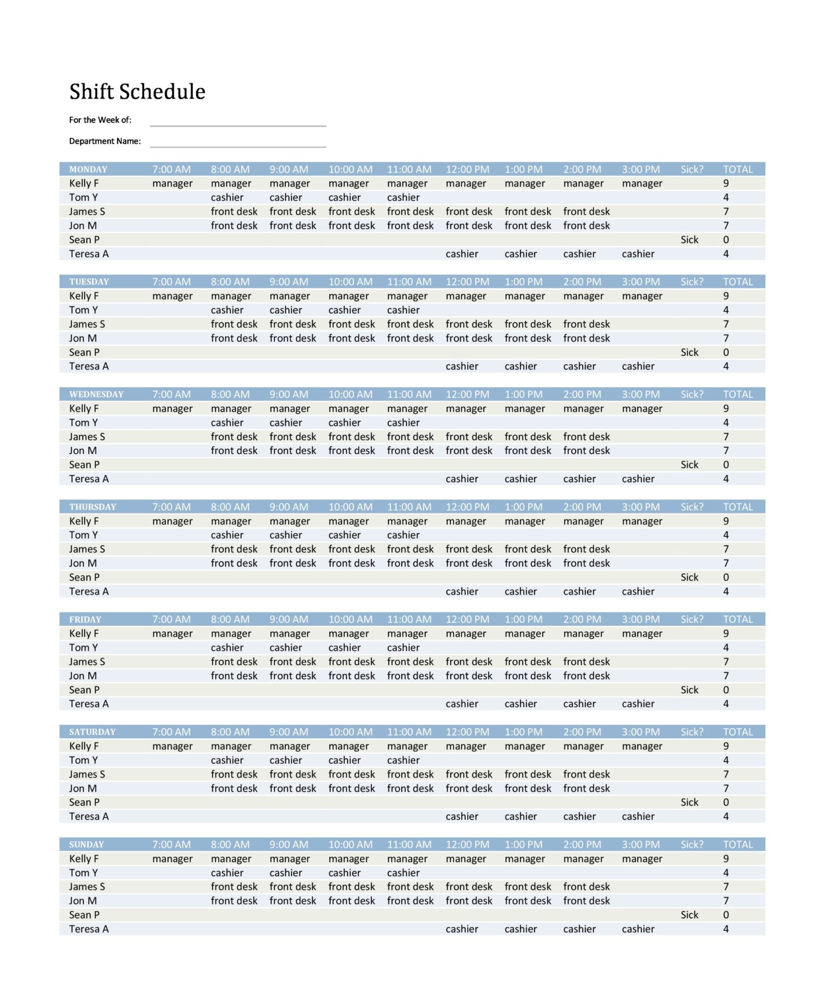 Monthly Employee Schedule Template