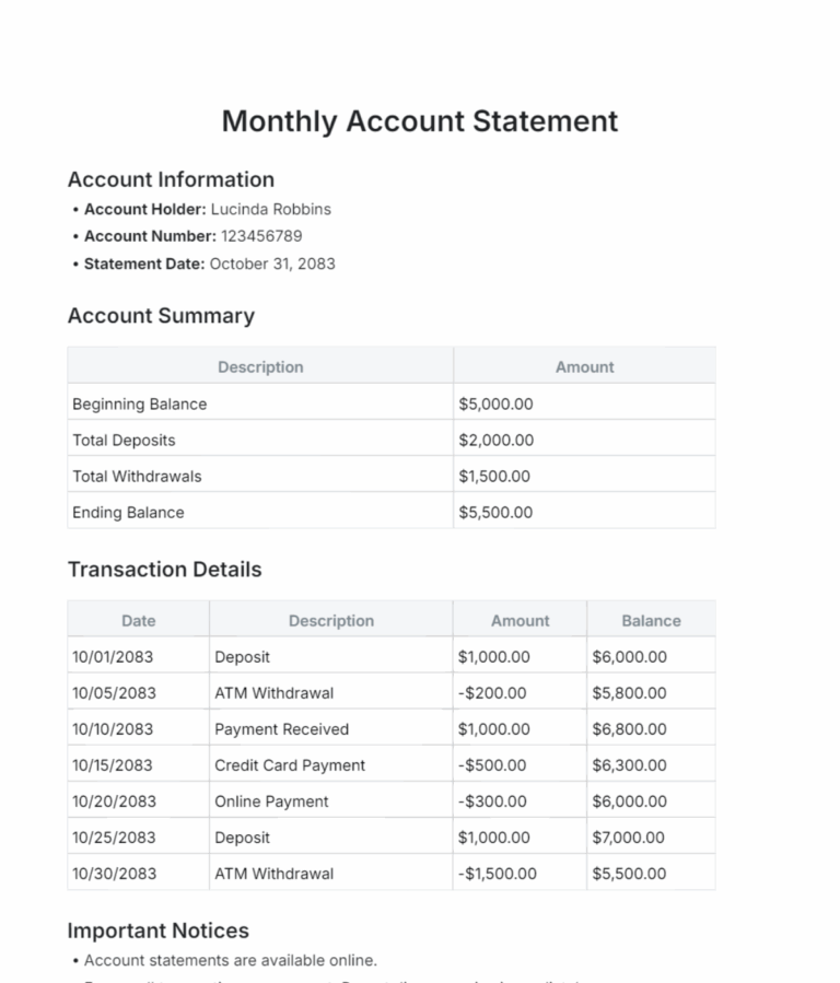 Monthly Statement of Account Template