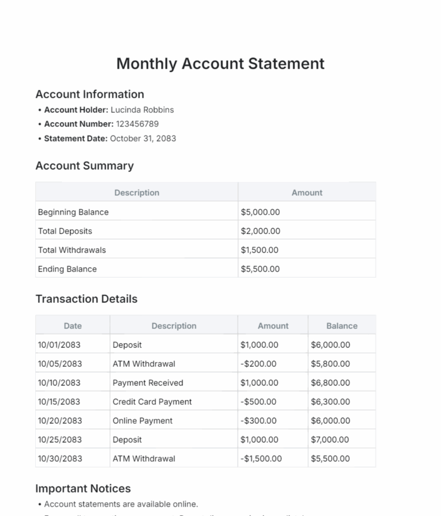 Monthly Statement of Account Template