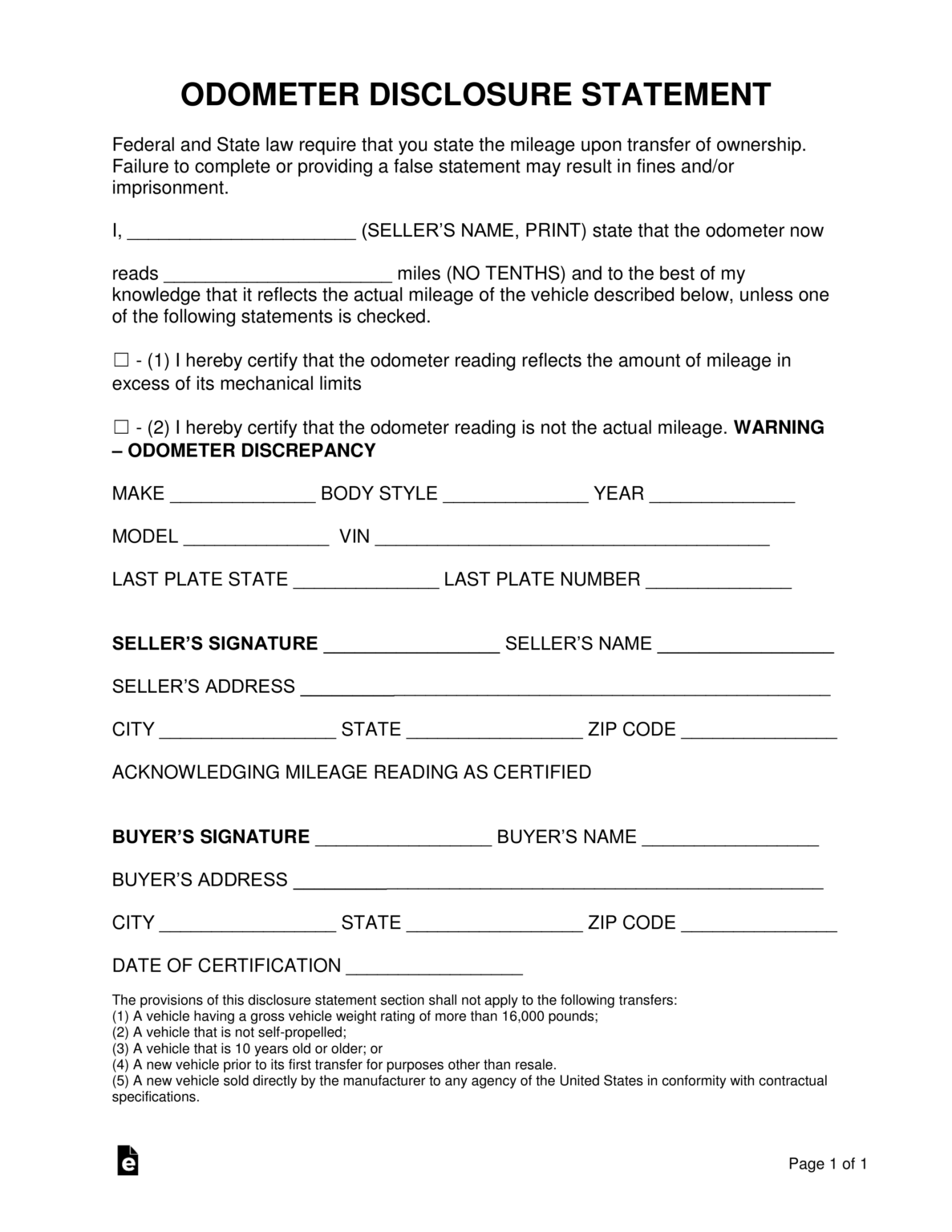 Odometer Disclosure Statement Form