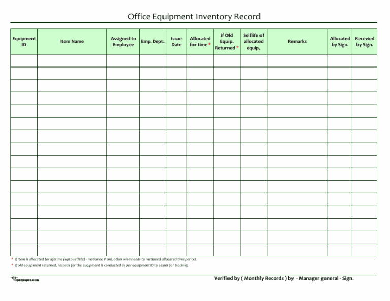 Office Equipment Maintenance List Template