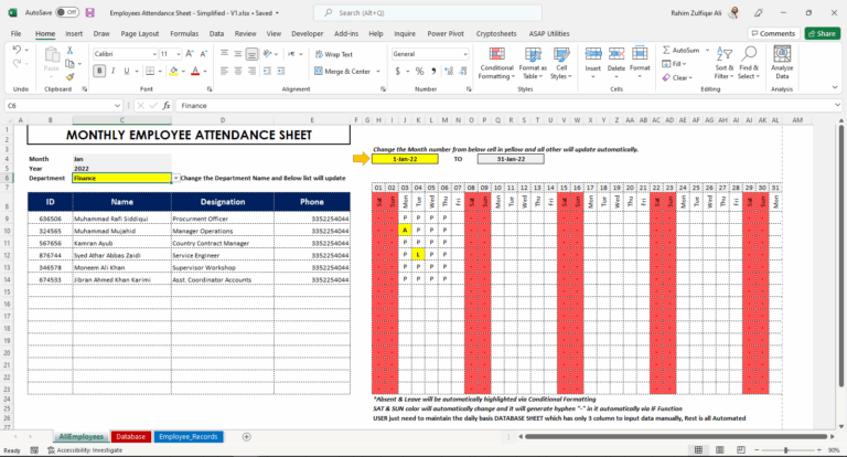 Office Staff Attendance Sheet Template