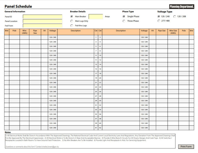Printable Panel Schedule Template