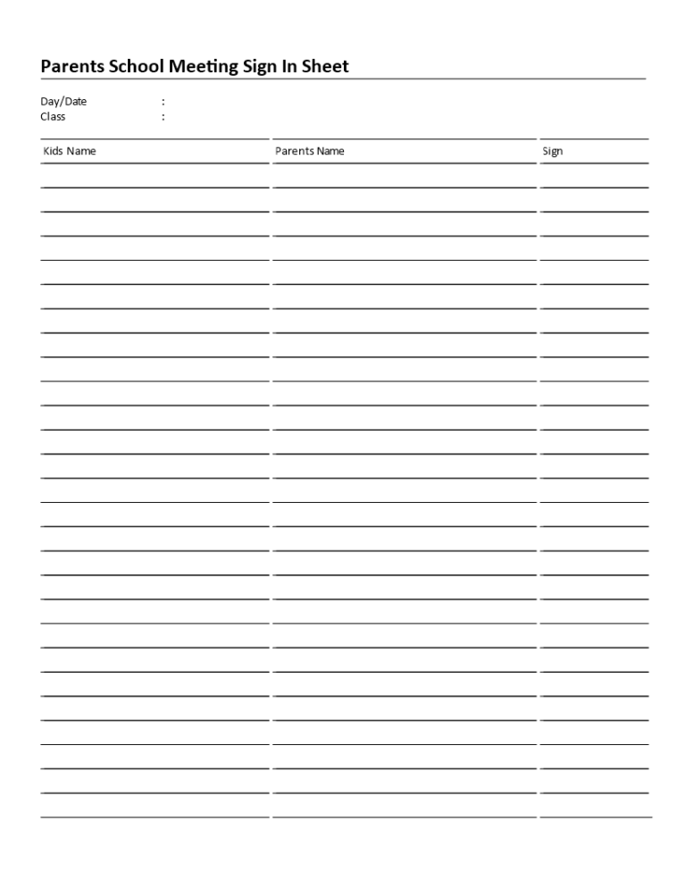 Parent Meeting Sign-in Sheet Template